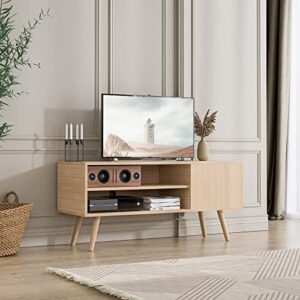 cozy castle tv stand for 50 inch tv, modern tv console with shelves for living room bedroom, entertainment center for flat screen tv, wood tv stand for tvs up to 50", 43.3 inch, oak