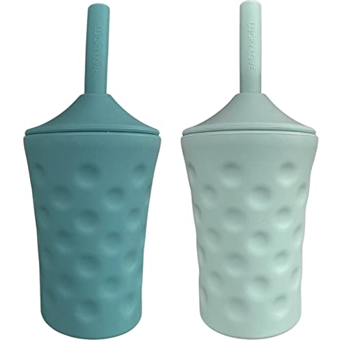 Lucky Love Silicone Sippy Cup With Straw | Easy Grip Baby Cups 6-12 Months + Toddler Cups Spill Proof With Lid & Straw (2 Pack - Blue + Green Silicone Cup)