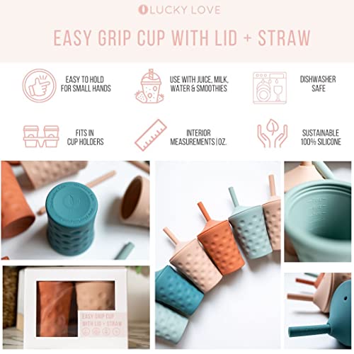 Lucky Love Silicone Sippy Cup With Straw | Easy Grip Baby Cups 6-12 Months + Toddler Cups Spill Proof With Lid & Straw (2 Pack - Blue + Green Silicone Cup)