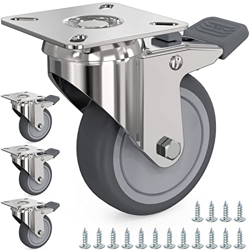 2"Caster Wheels,Casters Set of 4,Plate Caster Wheels Heavy Duty 440lbs Load Capacity Swivel Casters with Brake,Dual Locking Castors No Noise Rubber Castor,for Furniture and Workbench(Inclued Screws)