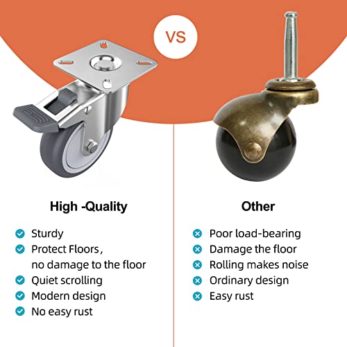 2"Caster Wheels,Casters Set of 4,Plate Caster Wheels Heavy Duty 440lbs Load Capacity Swivel Casters with Brake,Dual Locking Castors No Noise Rubber Castor,for Furniture and Workbench(Inclued Screws)