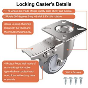 2"Caster Wheels,Casters Set of 4,Plate Caster Wheels Heavy Duty 440lbs Load Capacity Swivel Casters with Brake,Dual Locking Castors No Noise Rubber Castor,for Furniture and Workbench(Inclued Screws)