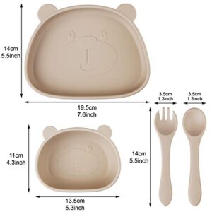 Silicone Baby Feeding Set,4 pcs Suction Plates for Baby,Divided Plates for Toddlers and Kids,Baby Spoon Fork Set for Toddlers,Silicone Plates for Kids (Beige)