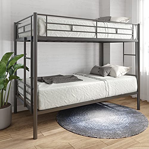 MWrouqfur Twin Over Twin Metal Bunk Bed,Sturdy Heavy Duty Bunk Beds with 2 Side Ladders,Space Saving,No Noise,No Box Spring Needed,for Boys Girls Teens Adults (Black)