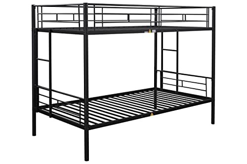 MWrouqfur Twin Over Twin Metal Bunk Bed,Sturdy Heavy Duty Bunk Beds with 2 Side Ladders,Space Saving,No Noise,No Box Spring Needed,for Boys Girls Teens Adults (Black)