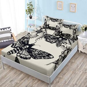 hosima death moth bedding set for girls teen boy skull decor fitted sheet queen size halloween bedding,1 fitted sheet+2 pillowcases.