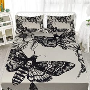 HOSIMA Death Moth Bedding Set for Girls Teen Boy Skull Decor Fitted Sheet Queen Size Halloween Bedding,1 Fitted Sheet+2 Pillowcases.