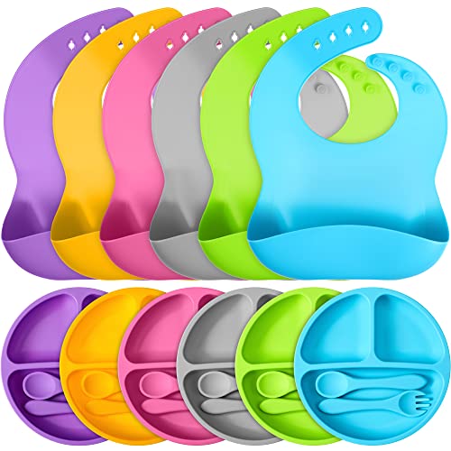 Zopeal 24 Pcs Baby Silicone Feeding Set Baby Led Weaning Set Baby Suction Plates with Spoon Fork Adjustable Silicone Bibs Baby Plates and Utensils Set for Boys Girls, 6 Colors