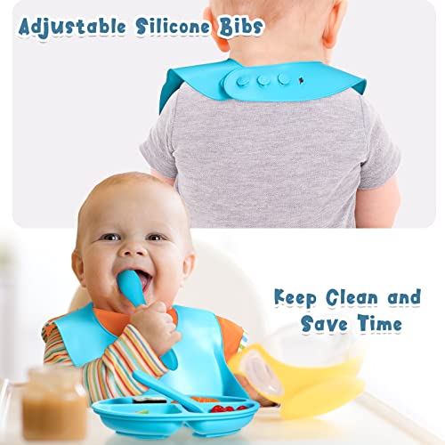 Zopeal 24 Pcs Baby Silicone Feeding Set Baby Led Weaning Set Baby Suction Plates with Spoon Fork Adjustable Silicone Bibs Baby Plates and Utensils Set for Boys Girls, 6 Colors