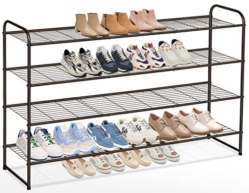 AOODA 4 Tier Long Shoe Organizer for Closet, Wide Stackable Metal Shoe Rack for Entryway, Bedroom, Floor, Shoe Shelf Storage Organizer Holds 30 Pairs of Men Sneakers (Bronze)