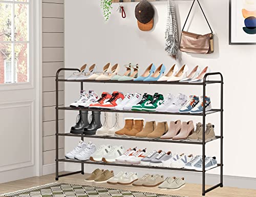 AOODA 4 Tier Long Shoe Organizer for Closet, Wide Stackable Metal Shoe Rack for Entryway, Bedroom, Floor, Shoe Shelf Storage Organizer Holds 30 Pairs of Men Sneakers (Bronze)