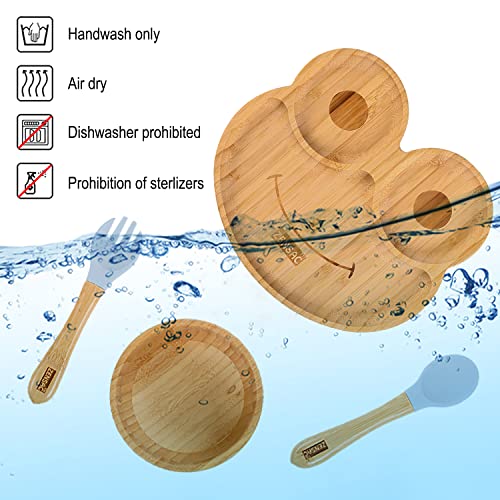 6PCS Bamboo Baby Feeding Set, Baby Suction Bowl & Plate with Silicone Spoons & Forks, Wooden Feeding Supplies for Infant & Toddlers, Baby Led Weaning Supplies Non Slip & BPA Free (Powder Blue)