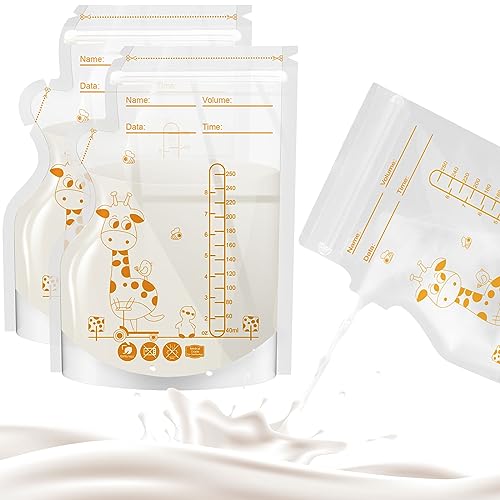 Mumgaroo Breastmilk Storage Bag Freezer, 8.5 OZ / 40 Pcs Milk Storage Bags Breastmilk with Double Zip Lock, Self Standing, Pre-Sterilized Breast Milk Storage Bags Freezer, Space Saving Flat Profile