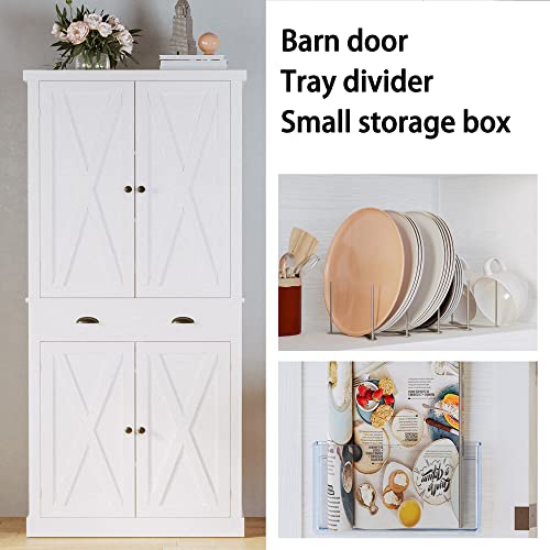 IRONCK Kitchen Pantry Storage Cabinet 72" Height, with Barn Doors, Drawer, 4 Adjustable Shelves, Freestanding Cupboard for Dining Room Living Room, Laundry, White