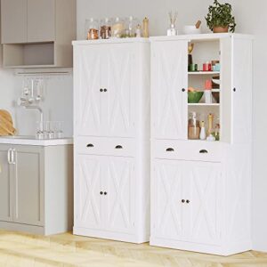 IRONCK Kitchen Pantry Storage Cabinet 72" Height, with Barn Doors, Drawer, 4 Adjustable Shelves, Freestanding Cupboard for Dining Room Living Room, Laundry, White