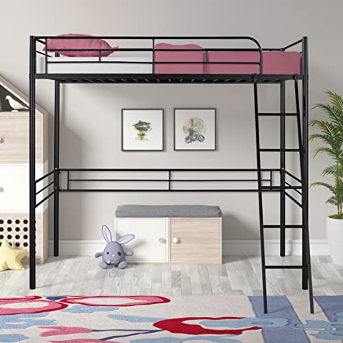 HomJoones Metal Loft Bed, Metal Twin Over Loft Bunk Bed with Safety Rail Side Ladders for Dormitory Bedroom Boys Girls Adults,No Box Spring Needed, Twin