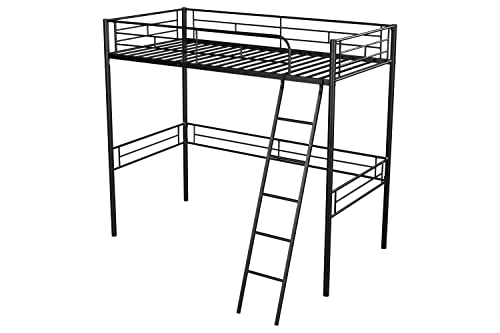 HomJoones Metal Loft Bed, Metal Twin Over Loft Bunk Bed with Safety Rail Side Ladders for Dormitory Bedroom Boys Girls Adults,No Box Spring Needed, Twin