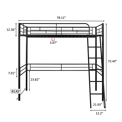 HomJoones Metal Loft Bed, Metal Twin Over Loft Bunk Bed with Safety Rail Side Ladders for Dormitory Bedroom Boys Girls Adults,No Box Spring Needed, Twin