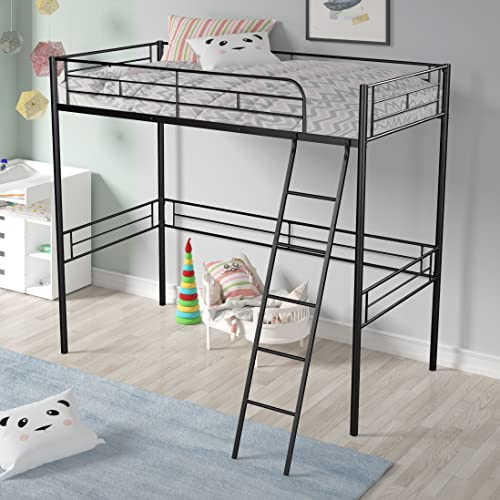 HomJoones Metal Loft Bed, Metal Twin Over Loft Bunk Bed with Safety Rail Side Ladders for Dormitory Bedroom Boys Girls Adults,No Box Spring Needed, Twin