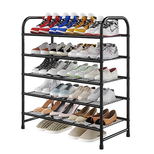 Ekisemio 5-Tier Shoe Rack Organizer, Stackable & Adjustable Shoe Shelf Storage, Heavy Duty Metal Wire, Black