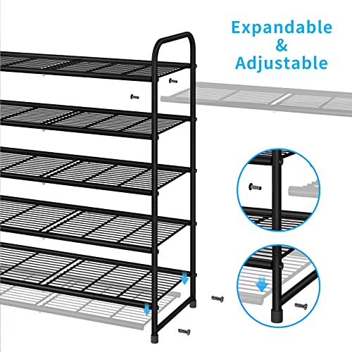 Ekisemio 5-Tier Shoe Rack Organizer, Stackable & Adjustable Shoe Shelf Storage, Heavy Duty Metal Wire, Black