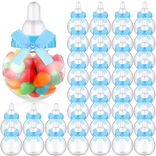 48 Pcs Mini Baby Bottles for Baby Shower Favors Bulk, Baby Candy Bottle Clear Plastic Milk Bottle with Bow Knots for Newborn Baby Baptism Party, Baby Shower Party Decor (Blue)