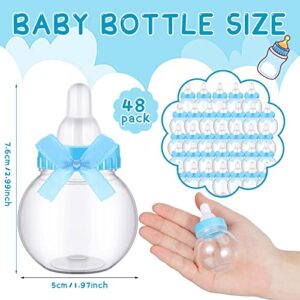 48 Pcs Mini Baby Bottles for Baby Shower Favors Bulk, Baby Candy Bottle Clear Plastic Milk Bottle with Bow Knots for Newborn Baby Baptism Party, Baby Shower Party Decor (Blue)