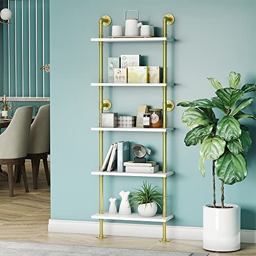 MAIKAILUN 5 Tier 67inch Gold Bookshelf, White and Gold Shelves, Modern Shelves Shelf Bookcase Metal Mid Century Open Industrial Wall Mount Accents Decor Retail Shelving Vertical for Living Room