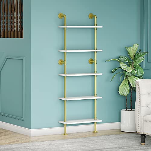 MAIKAILUN 5 Tier 67inch Gold Bookshelf, White and Gold Shelves, Modern Shelves Shelf Bookcase Metal Mid Century Open Industrial Wall Mount Accents Decor Retail Shelving Vertical for Living Room