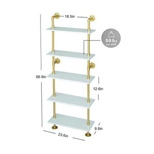 MAIKAILUN 5 Tier 67inch Gold Bookshelf, White and Gold Shelves, Modern Shelves Shelf Bookcase Metal Mid Century Open Industrial Wall Mount Accents Decor Retail Shelving Vertical for Living Room