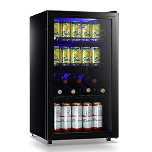 wanai beverage refrigerator cooler fridge glass door 100can beer fridge cooler drinks wines juice soda cooler adjustable shelves blue led lights temp control for home office dorm 3.2 cu. ft shelves blue led lights temp control for home office dorm bar 3.2