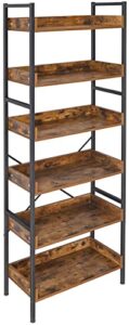 rokiatek bookshelf bookcase 6-tier storage rack with open shelves, vintage standing bookshelves metal frame industrial display rack for living room bedroom, rustic brown and matte black