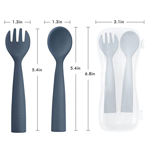 haakaa Toddler Forks and Spoons with Travel Safe Case,Self Feeding Toddler Utensils,Easy Grip Bendy Food-Grade Silicone,Bluestone,12m+