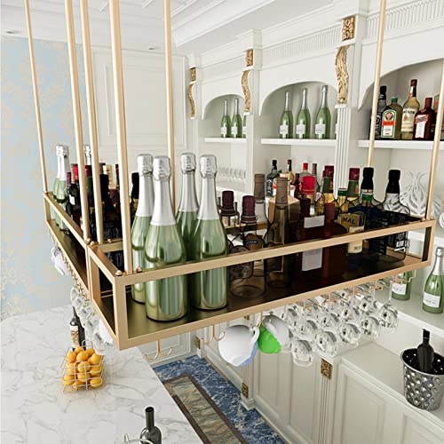 DASHADAO Gold Ceiling Mounted Hanging Wine Rack Iron Wine Bottle Holder Champagne Glass Goblets Storage Shelf, Bar Unit Home Decor Floating Display Shelves (Size : 100x25x21cm)