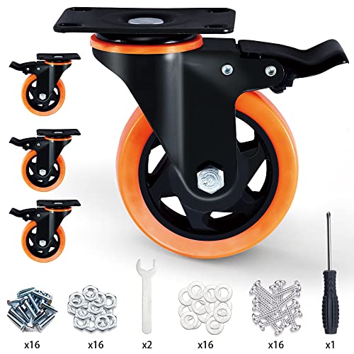 SOCHER 4 Inch Plate Caster Wheels, Heavy Duty 4” Casters Set of 4 with Brake,No Noise Polyurethane Wheels and Safety Dual Locking casters, Swivel Plate Castors (Two Hardware Kits) (4 inch)