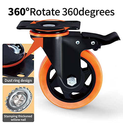 SOCHER 4 Inch Plate Caster Wheels, Heavy Duty 4” Casters Set of 4 with Brake,No Noise Polyurethane Wheels and Safety Dual Locking casters, Swivel Plate Castors (Two Hardware Kits) (4 inch)