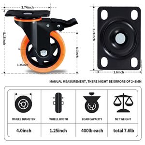 SOCHER 4 Inch Plate Caster Wheels, Heavy Duty 4” Casters Set of 4 with Brake,No Noise Polyurethane Wheels and Safety Dual Locking casters, Swivel Plate Castors (Two Hardware Kits) (4 inch)