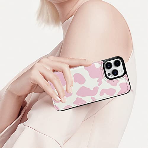 TopPerfekt Flip Leather Wallet Case Card Holder Compatible with iPhone 13 Pro Max 6.7" Women and Girls with Card Holder Kickstand Double Magnetic Clasp Pink Cow Pattern