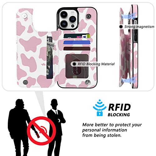 TopPerfekt Flip Leather Wallet Case Card Holder Compatible with iPhone 13 Pro Max 6.7" Women and Girls with Card Holder Kickstand Double Magnetic Clasp Pink Cow Pattern