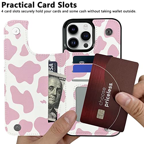 TopPerfekt Flip Leather Wallet Case Card Holder Compatible with iPhone 13 Pro Max 6.7" Women and Girls with Card Holder Kickstand Double Magnetic Clasp Pink Cow Pattern