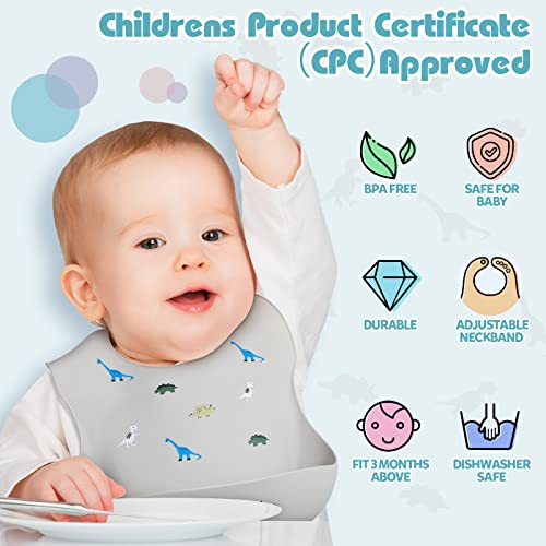 Jeere 6 Pieces Silicone Bibs for Babies Adjustable Waterproof Silicone Baby Bibs for Baby Girls Boys Toddler Silicone Bibs with Food Catcher Silicone Bib