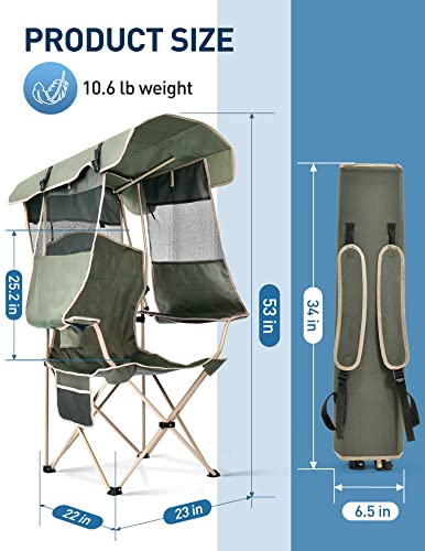 Docusvect Folding Camping Chair with Shade Canopy for Adults, Canopy Chair for Outdoors Sports with Cup Holder, Side Pocket for Camp, Beach, Tailgates, Fishing - Support 330 LBS