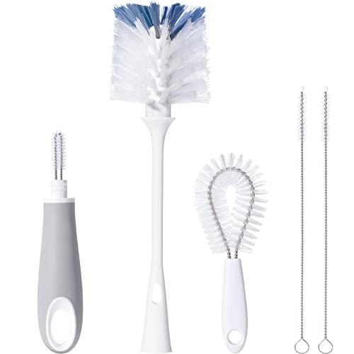 Jumperlay Bottle Cleaning Brush Set with 1 Pack Nipple Brush and 2 Pack Straw Cleaner Brushes and A Hidden Mini Brush, Gray