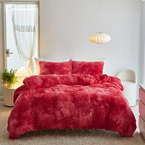 Jameswish Shaggy Plush Duvet Cover Set Super Soft Fluffy Faux Fur Comforter Cover Set Luxury Fuzzy Bedding Set 3 Piece(1Duvet Cover+2Pillowcases) with Zipper Clusure(Red White Ombre,Queen Size)