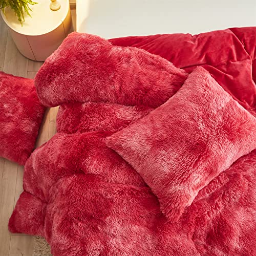 Jameswish Shaggy Plush Duvet Cover Set Super Soft Fluffy Faux Fur Comforter Cover Set Luxury Fuzzy Bedding Set 3 Piece(1Duvet Cover+2Pillowcases) with Zipper Clusure(Red White Ombre,Queen Size)