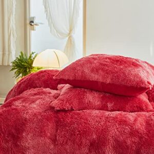 Jameswish Shaggy Plush Duvet Cover Set Super Soft Fluffy Faux Fur Comforter Cover Set Luxury Fuzzy Bedding Set 3 Piece(1Duvet Cover+2Pillowcases) with Zipper Clusure(Red White Ombre,Queen Size)