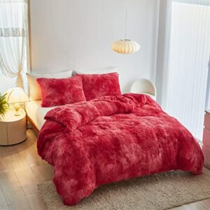 Jameswish Shaggy Plush Duvet Cover Set Super Soft Fluffy Faux Fur Comforter Cover Set Luxury Fuzzy Bedding Set 3 Piece(1Duvet Cover+2Pillowcases) with Zipper Clusure(Red White Ombre,Queen Size)