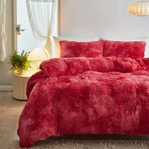 Jameswish Shaggy Plush Duvet Cover Set Super Soft Fluffy Faux Fur Comforter Cover Set Luxury Fuzzy Bedding Set 3 Piece(1Duvet Cover+2Pillowcases) with Zipper Clusure(Red White Ombre,Queen Size)