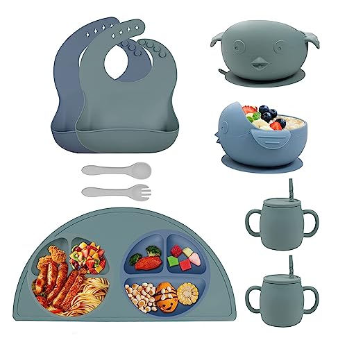 Silicone Baby Feeding Set, Baby Led Weaning Supplies, Divided Baby Plates Bowls with Sucntion, Adjustable Bibs Soft Spoon Fork Utensil, Sippy Cups, Infant Self Eating Utensil (Sage/Ether)