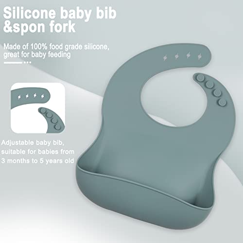 Silicone Baby Feeding Set, Baby Led Weaning Supplies, Divided Baby Plates Bowls with Sucntion, Adjustable Bibs Soft Spoon Fork Utensil, Sippy Cups, Infant Self Eating Utensil (Sage/Ether)